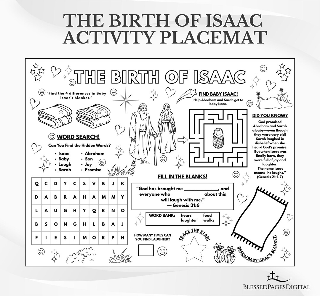 Birth of Isaac Activity Placemat: Kids Bible Coloring Page (PDF ...