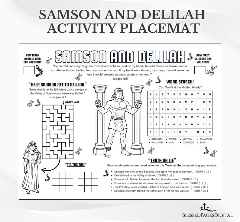 Samson and Delilah Activity Placemat: Sunday School Coloring Page (PDF ...