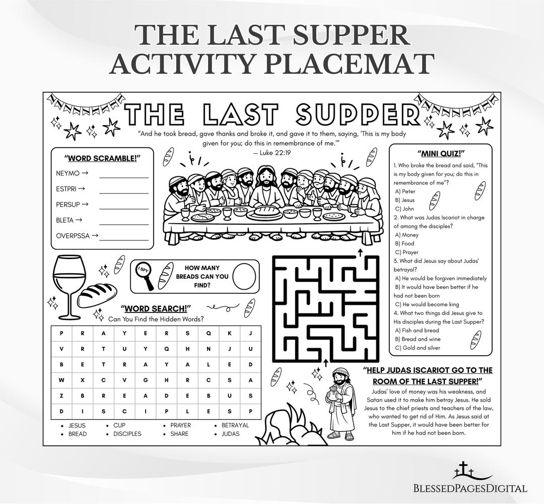 The Last Supper Bible Activity Placemat: Holy Week Sunday School ...