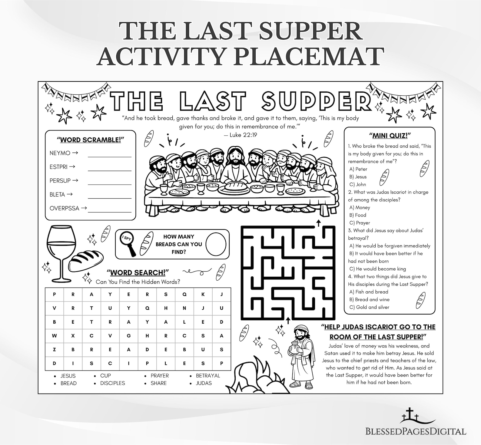 The Last Supper Bible Activity Placemat: Holy Week Sunday School ...