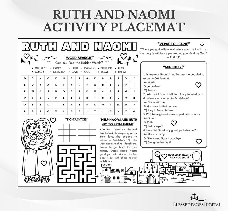 Ruth and Naomi Bible Activity Placemat: Sunday School Coloring Page ...