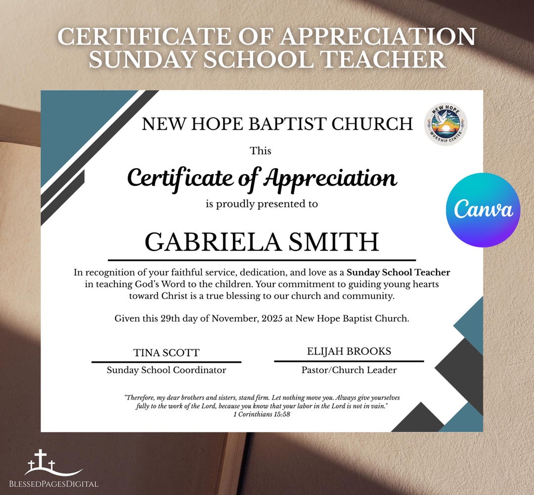 Editable Christian Certificate of Appreciation: Sunday School Teacher ...