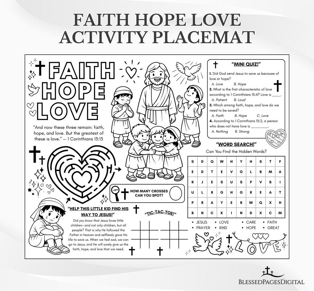 Faith Hope Love Bible Activity Placemat: Sunday School Coloring Page ...