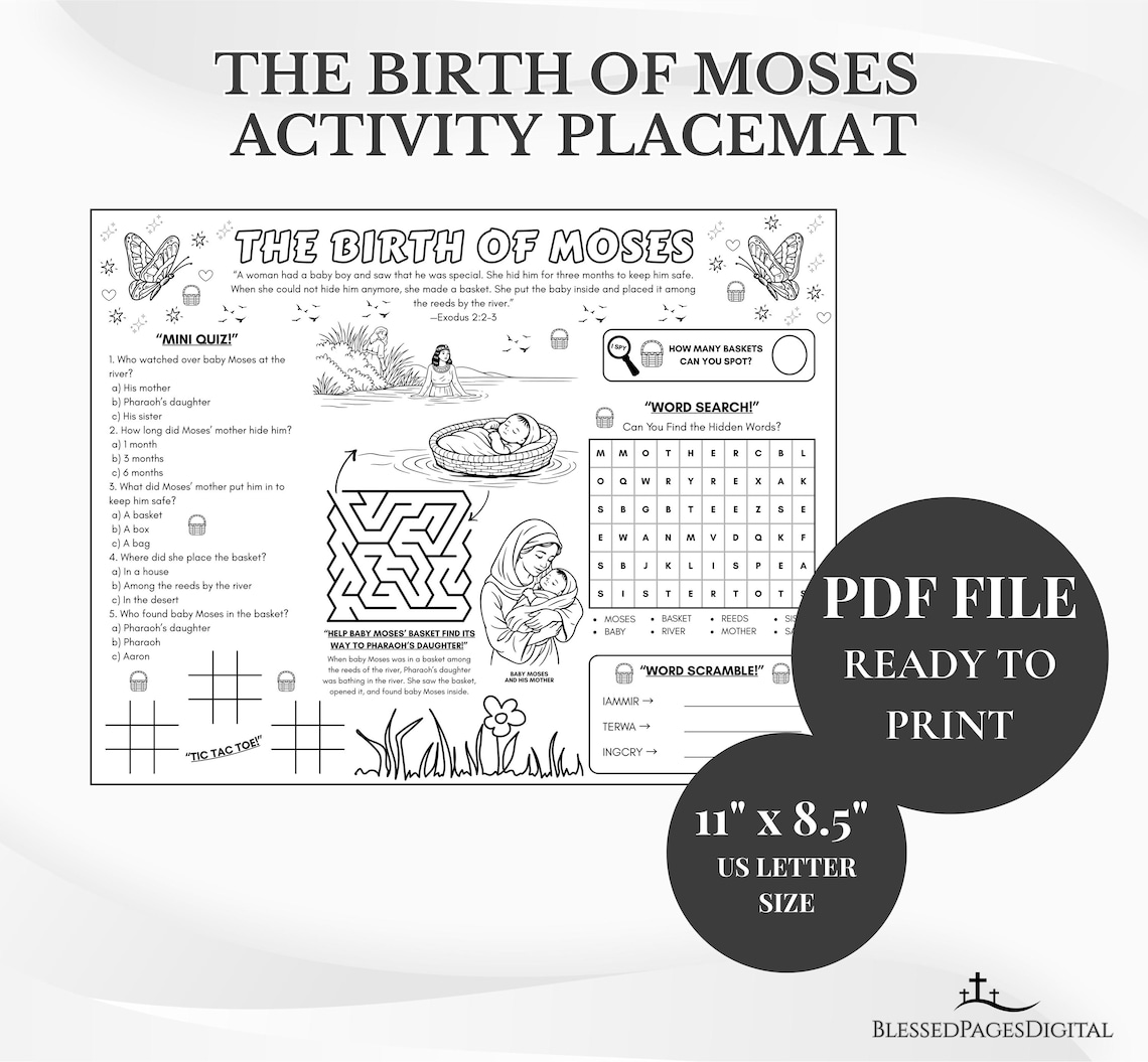 The Birth of Moses Bible Activity Placemat: Sunday School Coloring Page ...