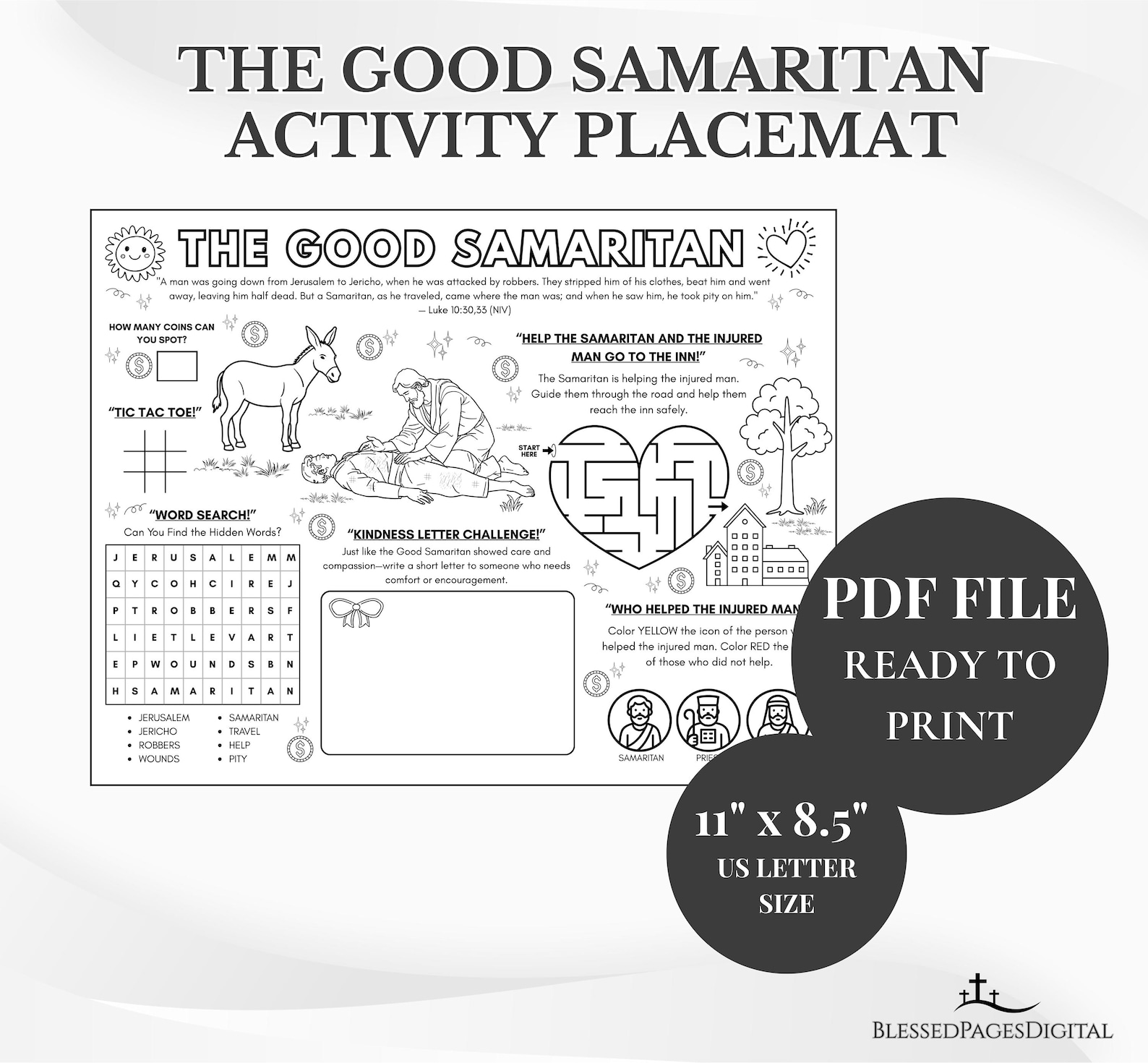 The Good Samaritan Bible Activity Placemat: Sunday School Coloring Page ...