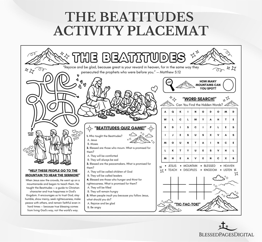 The Beatitudes Bible Activity Placemat: Sunday School Coloring Page ...