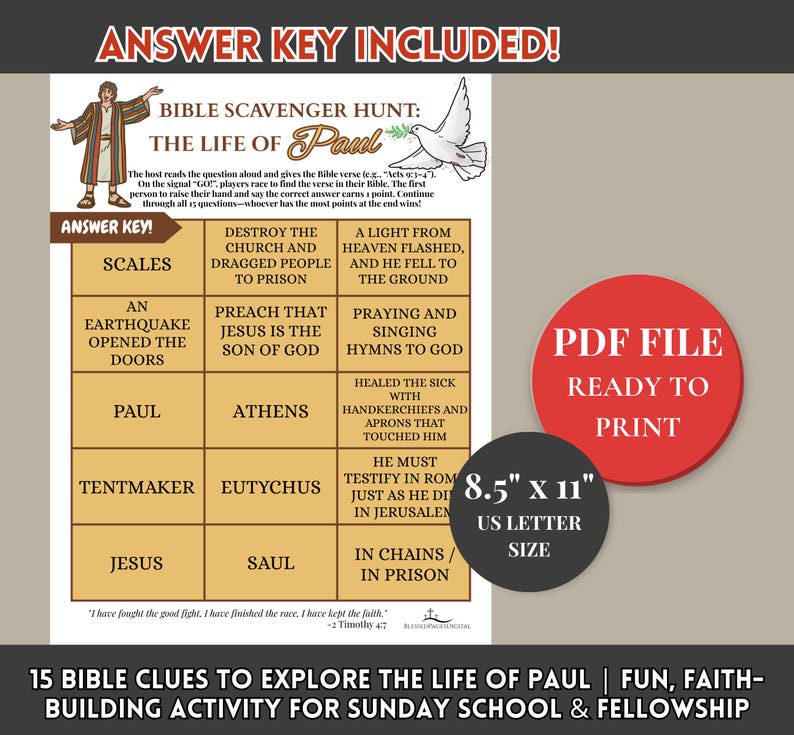 Bible Scavenger Hunt Game, Apostle Paul, Verse Drill, Trivia Printable ...