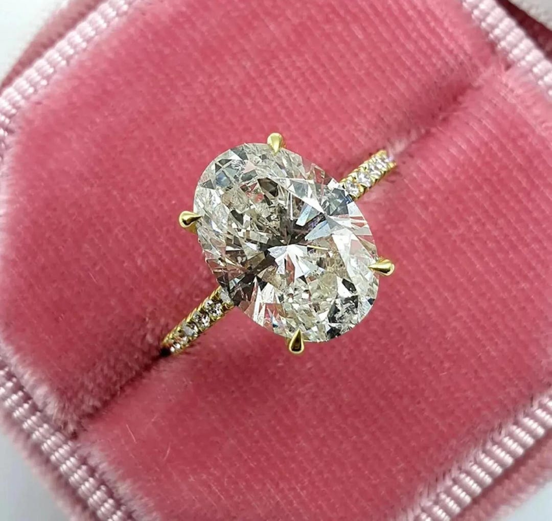 Oval Moissanite Engagement Ring, Hidden Halo Wedding Ring, 14K Yellow ...