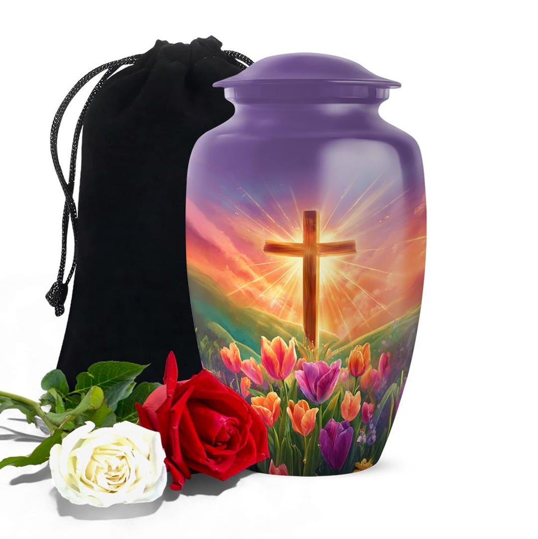 Cross & Tulips Cremation Urn: Christian Memorial Urn for Ashes - Etsy