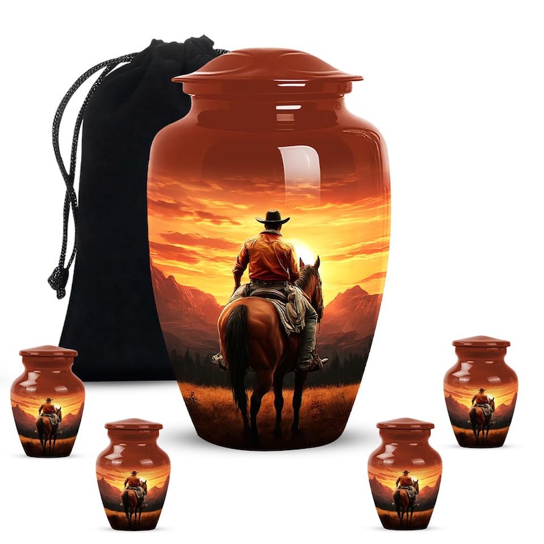 Cowboy Urn for Ashes – Sunset Teardrop Keepsake Urn – Horseback Rider ...