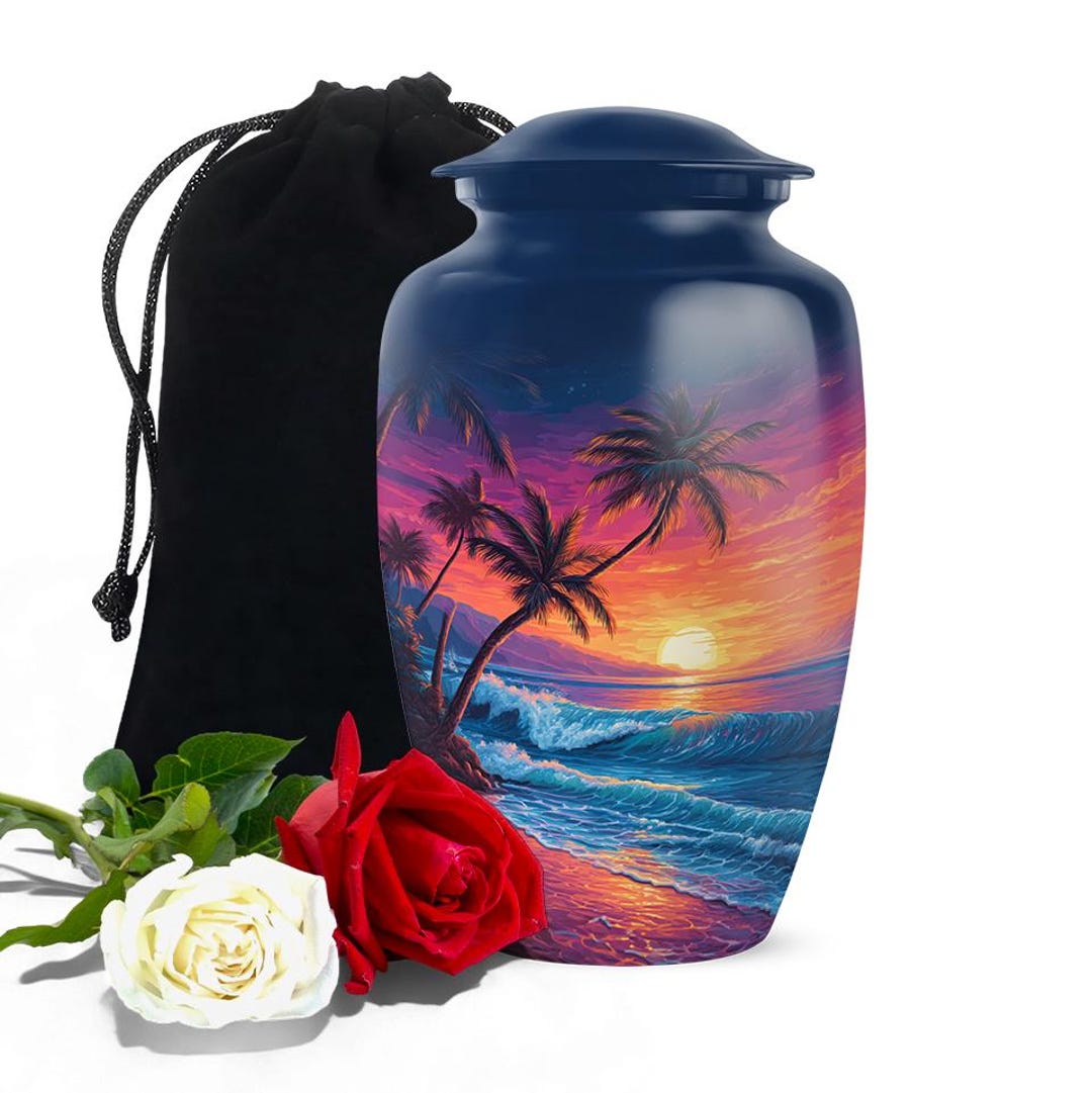Tropical Sunset Cremation Urn for Ashes, Ocean Beach Palm Tree Memorial ...