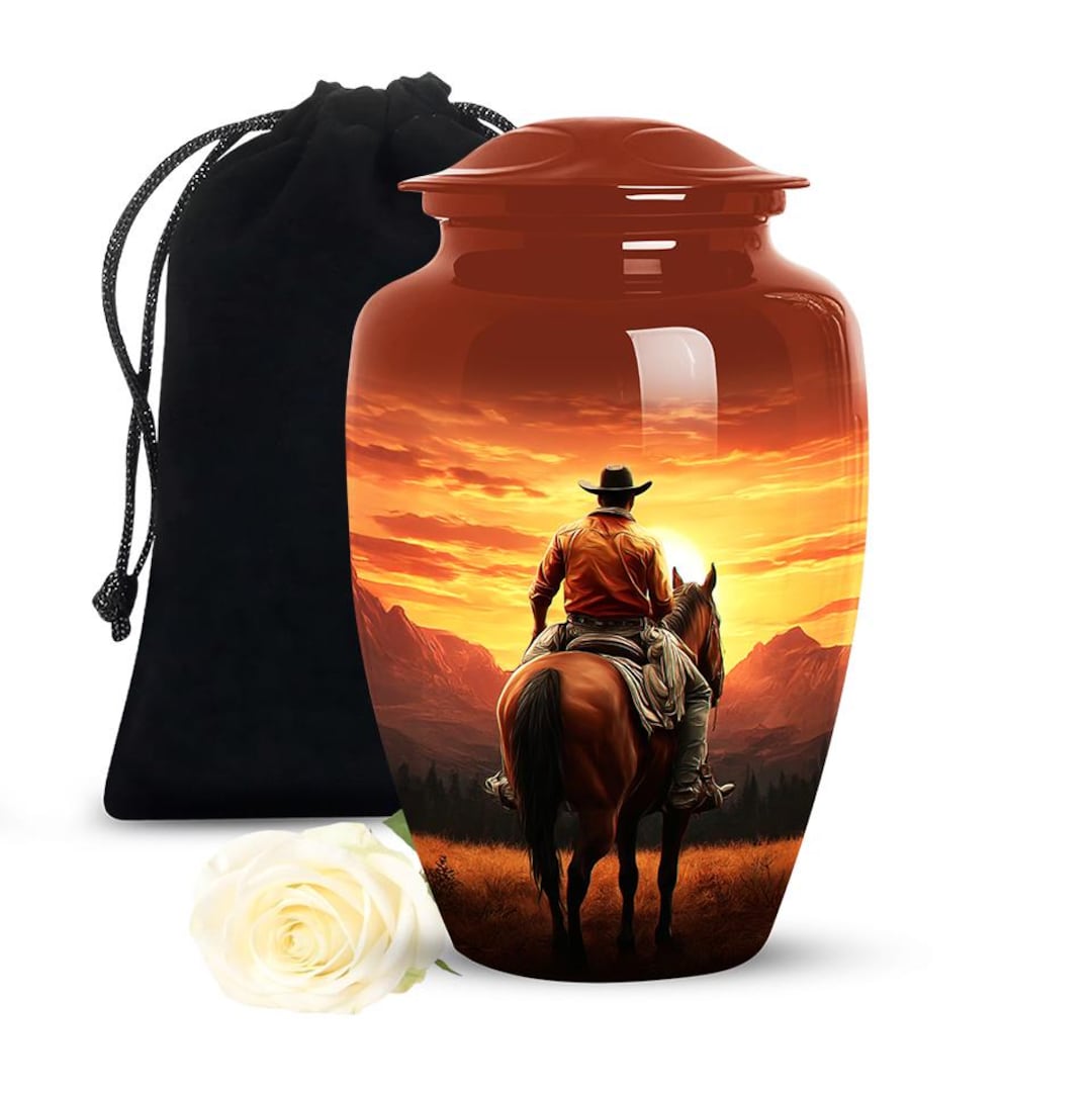 Cowboy Urn for Ashes – Sunset Teardrop Keepsake Urn – Horseback Rider ...