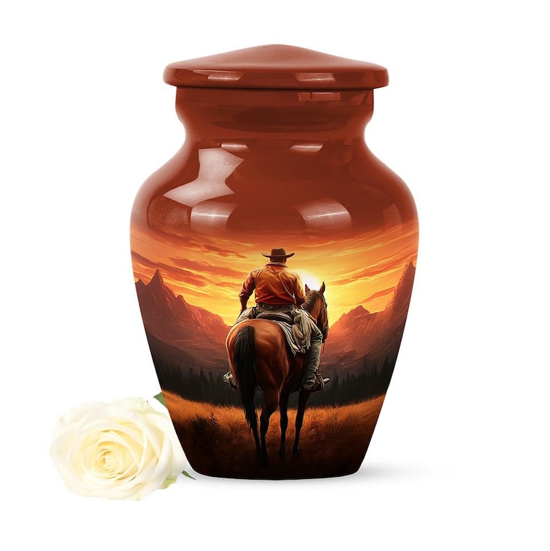Cowboy Urn for Ashes – Sunset Teardrop Keepsake Urn – Horseback Rider ...