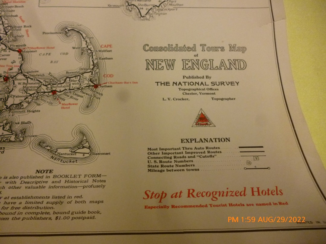 1930 New England Consolidated Tours Map Crocker Cartographer ...