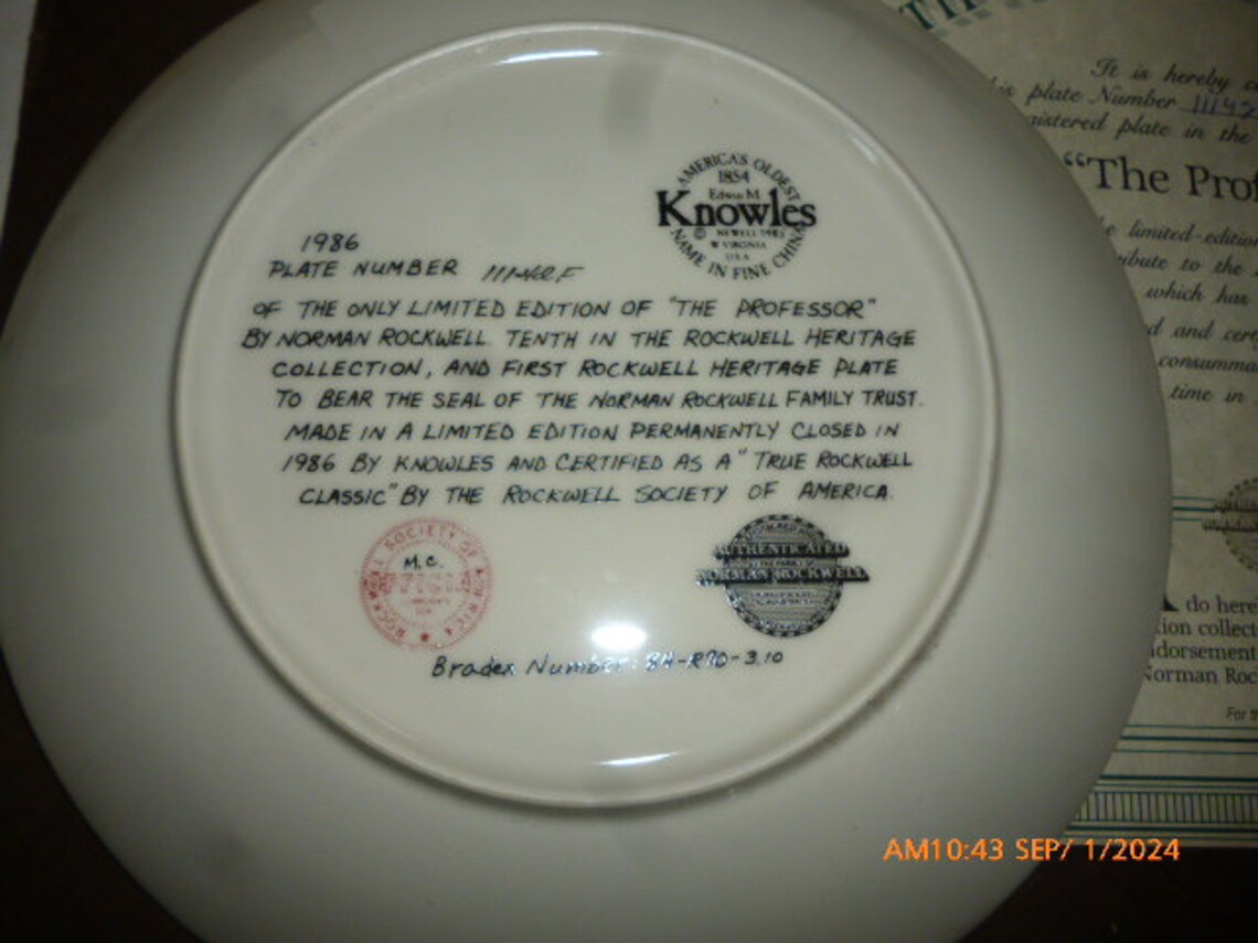 Norman Rockwell 1986 "the Professor" Collectible Knowles Plate COA Orig ...