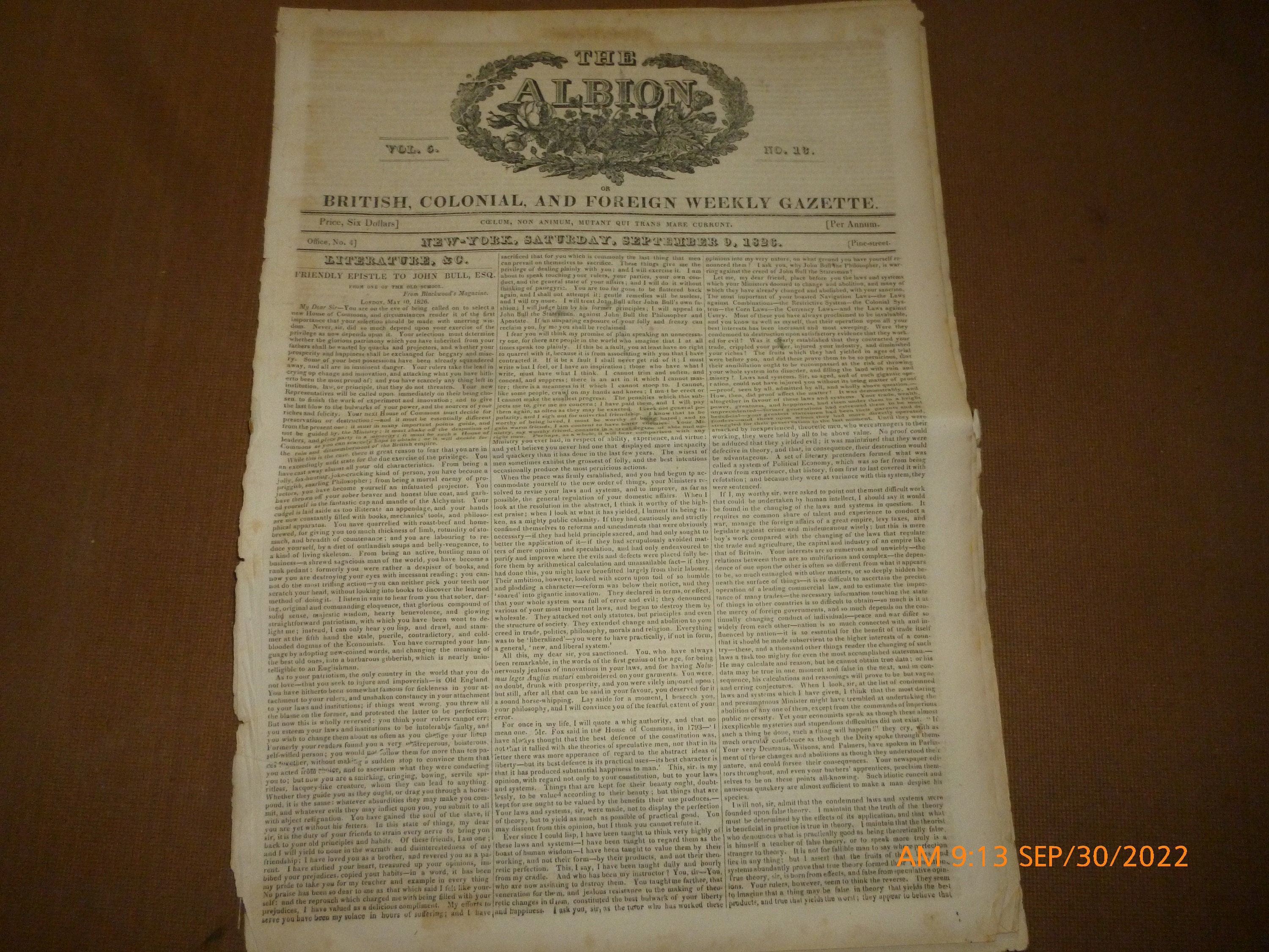 1826 British Colonial Foreign Weekly Gazette Newspaper the Albion Great ...