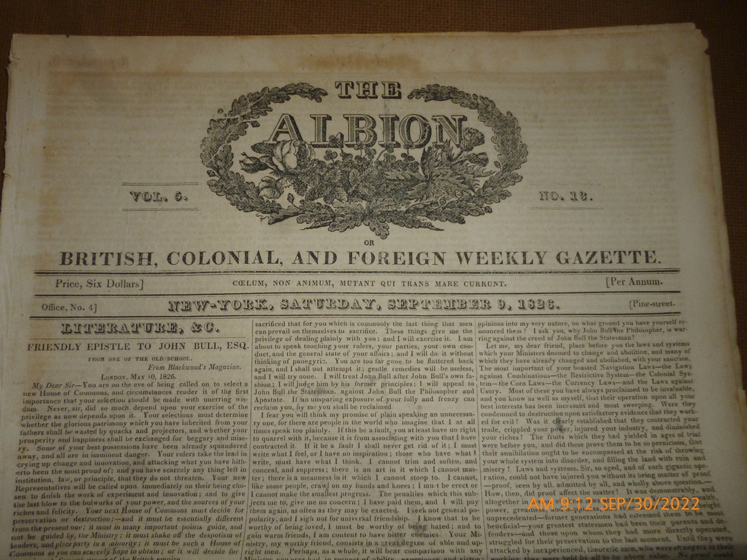 1826 British Colonial Foreign Weekly Gazette Newspaper the Albion Great ...