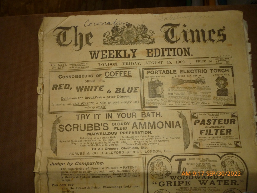 London Times 1902 Coronation Weekly Edition Newspaper 8/15/1902 Great ...