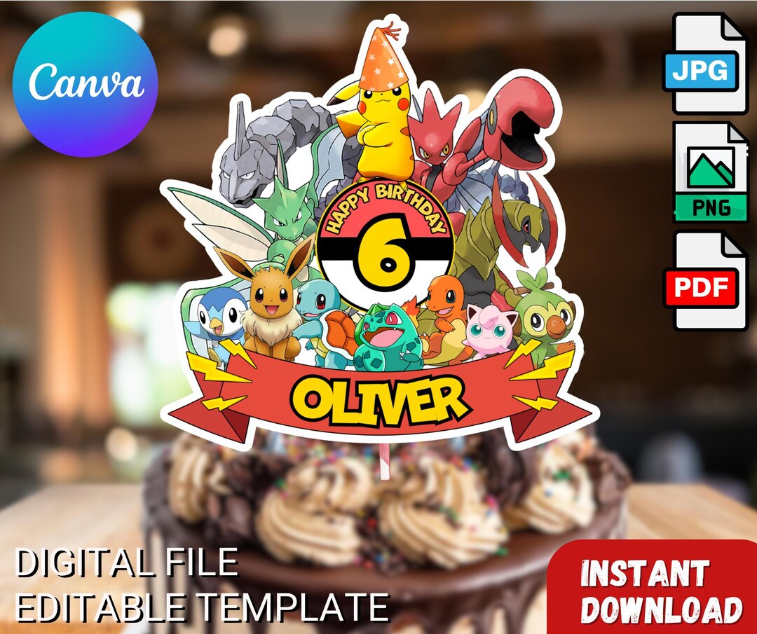 Pokemon Birthday Cake Topper, Instant Download, Editable in Canva - Etsy