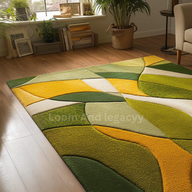 Modern Abstract Wool Rug | Green, Yellow, Ivory, Hand Tufted - Etsy