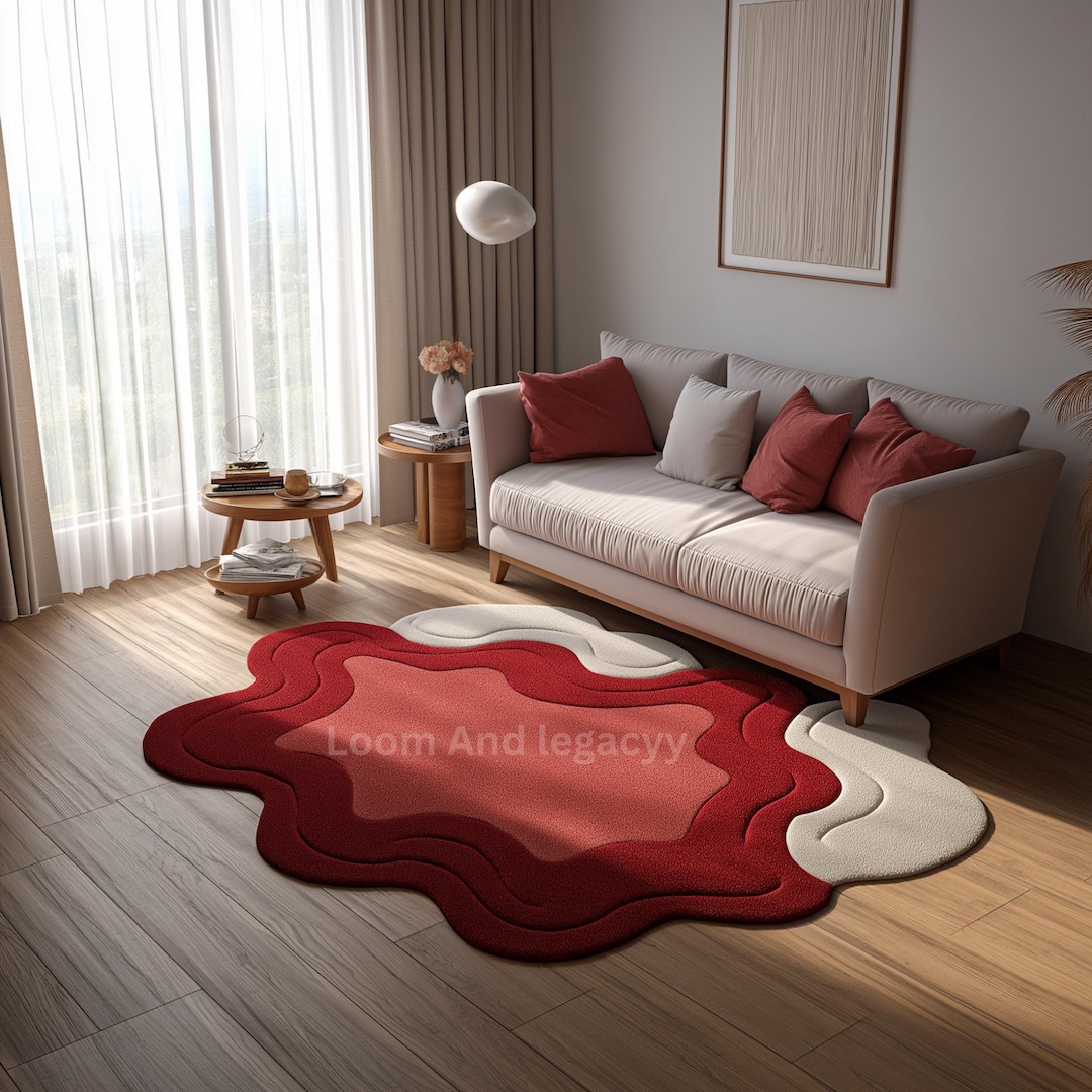 Red Cream Sculpted Abstract Rug | Hand Tufted Wool Blob Rug | Modern ...