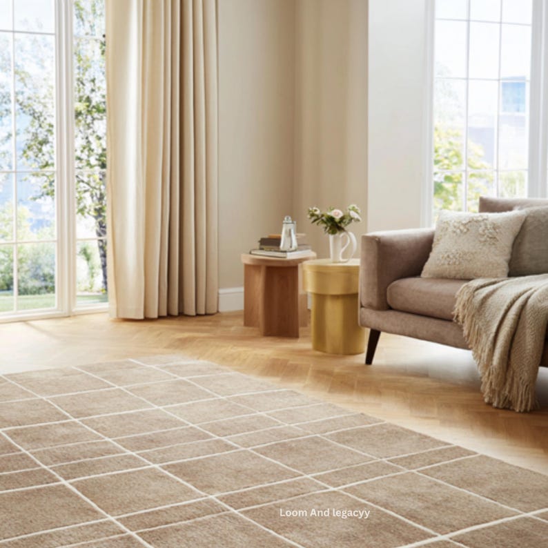 Hand Tufted Brown Grid Area Rug - Cream Windowpane Checkered Carpet ...