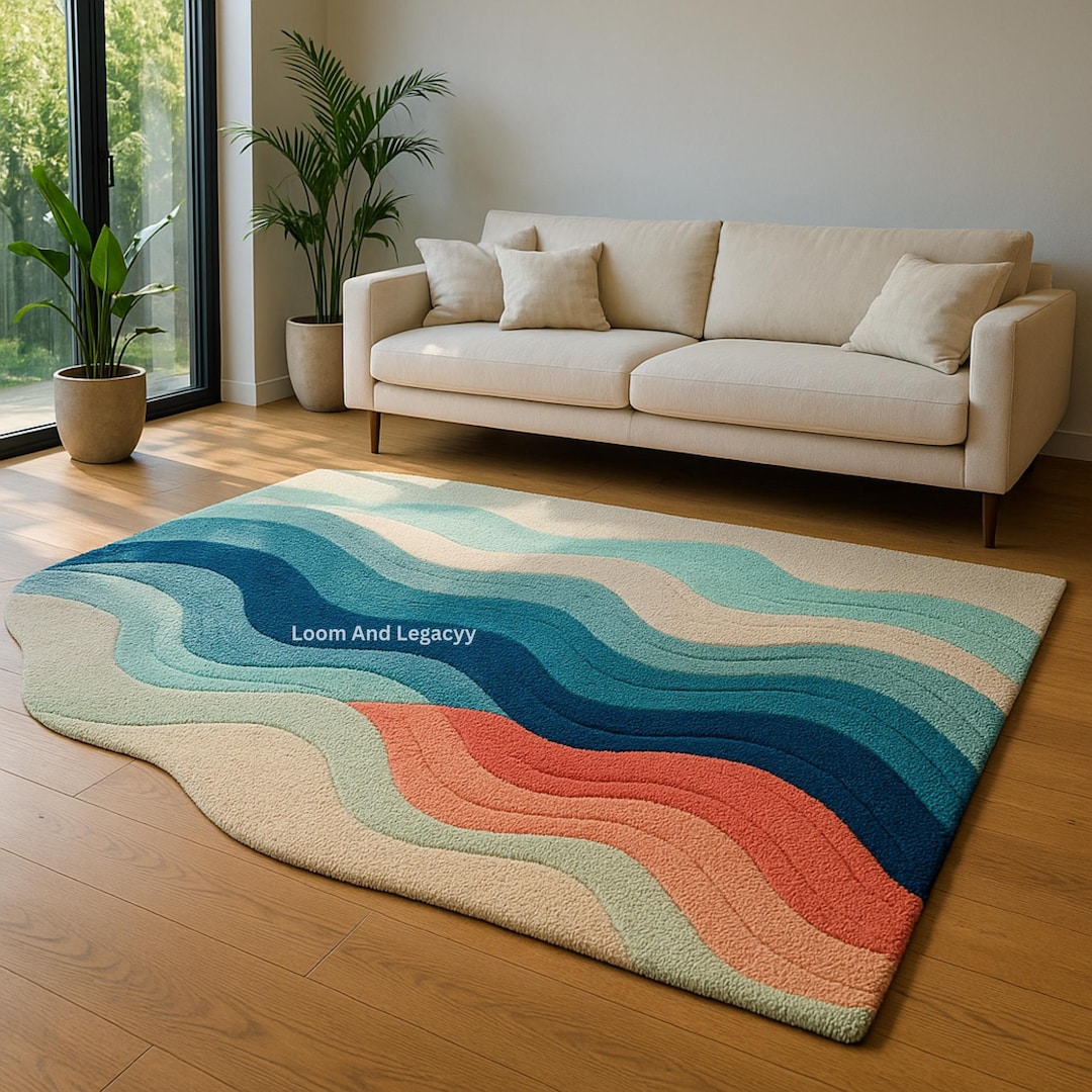 Ocean Wave Rug – Hand Tufted Wool Carpet in Blue, Coral & Cream ...