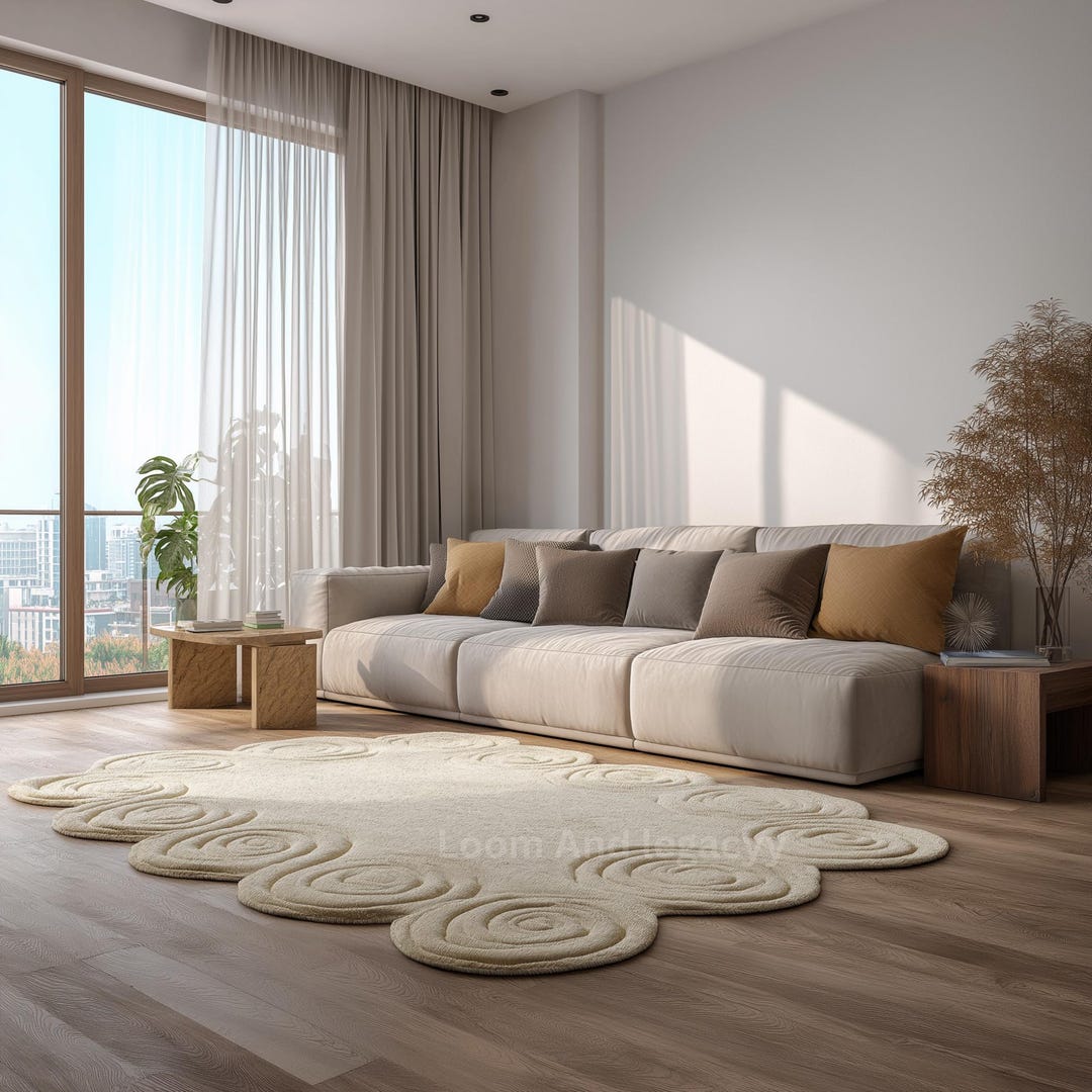 Cream Sculpted Swirl Wool Rug | Hand Tufted Irregular Floral Shape ...