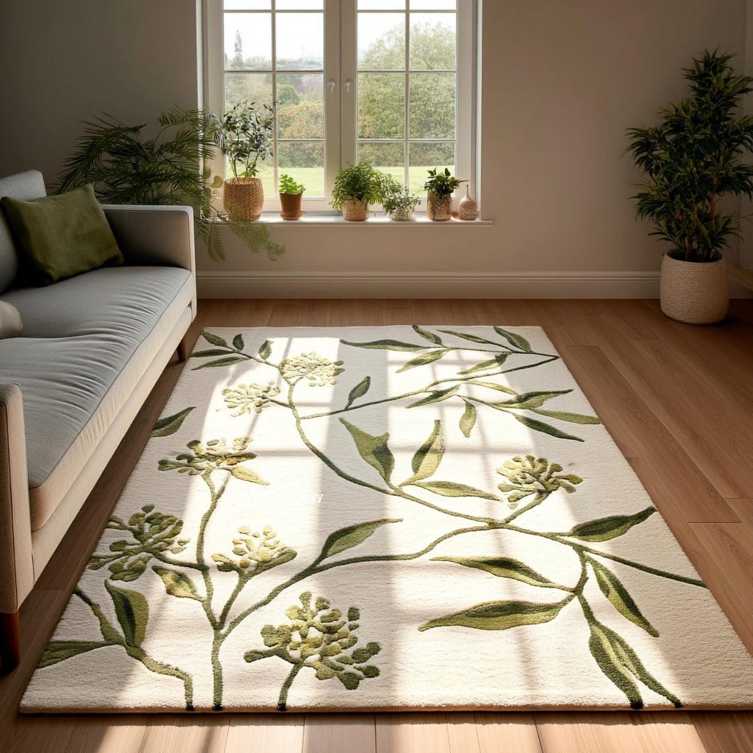 Hand Tufted Cream Botanical Area Rug - Green Vine Leaf Floral Carpet 3D ...