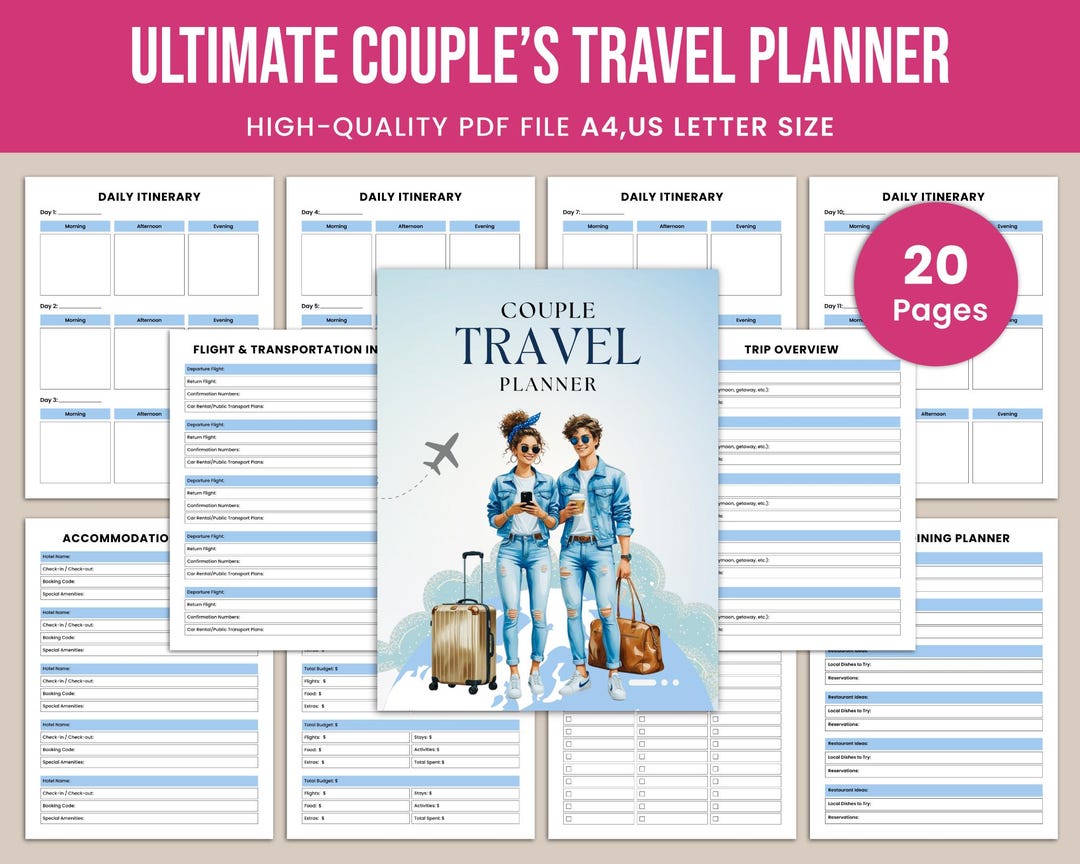 Couple Travel Planner | Printable & Fillable | 20-page Vacation ...