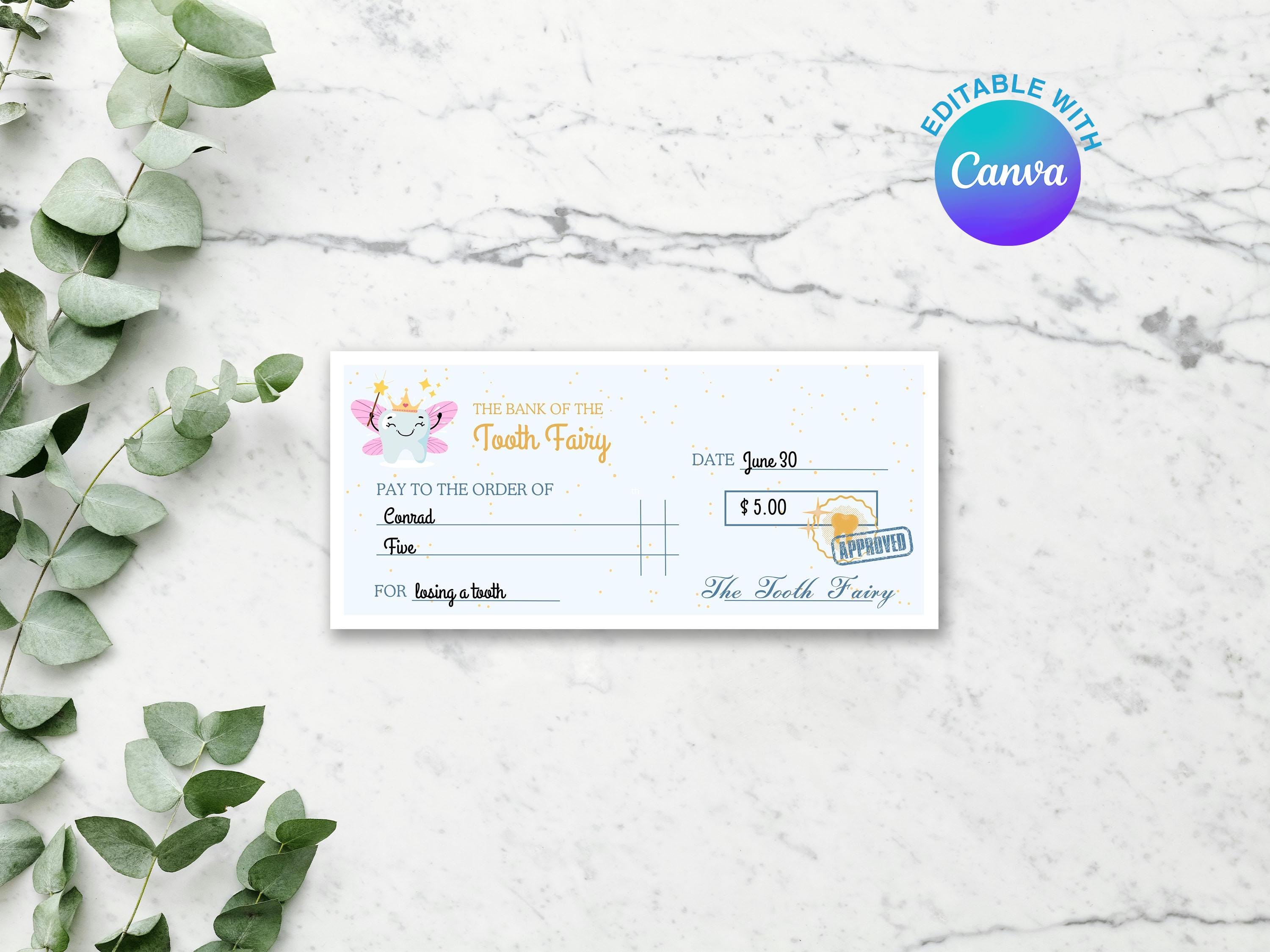 Printable Tooth Fairy Check, Pink and Blue, Editable Canva Template ...