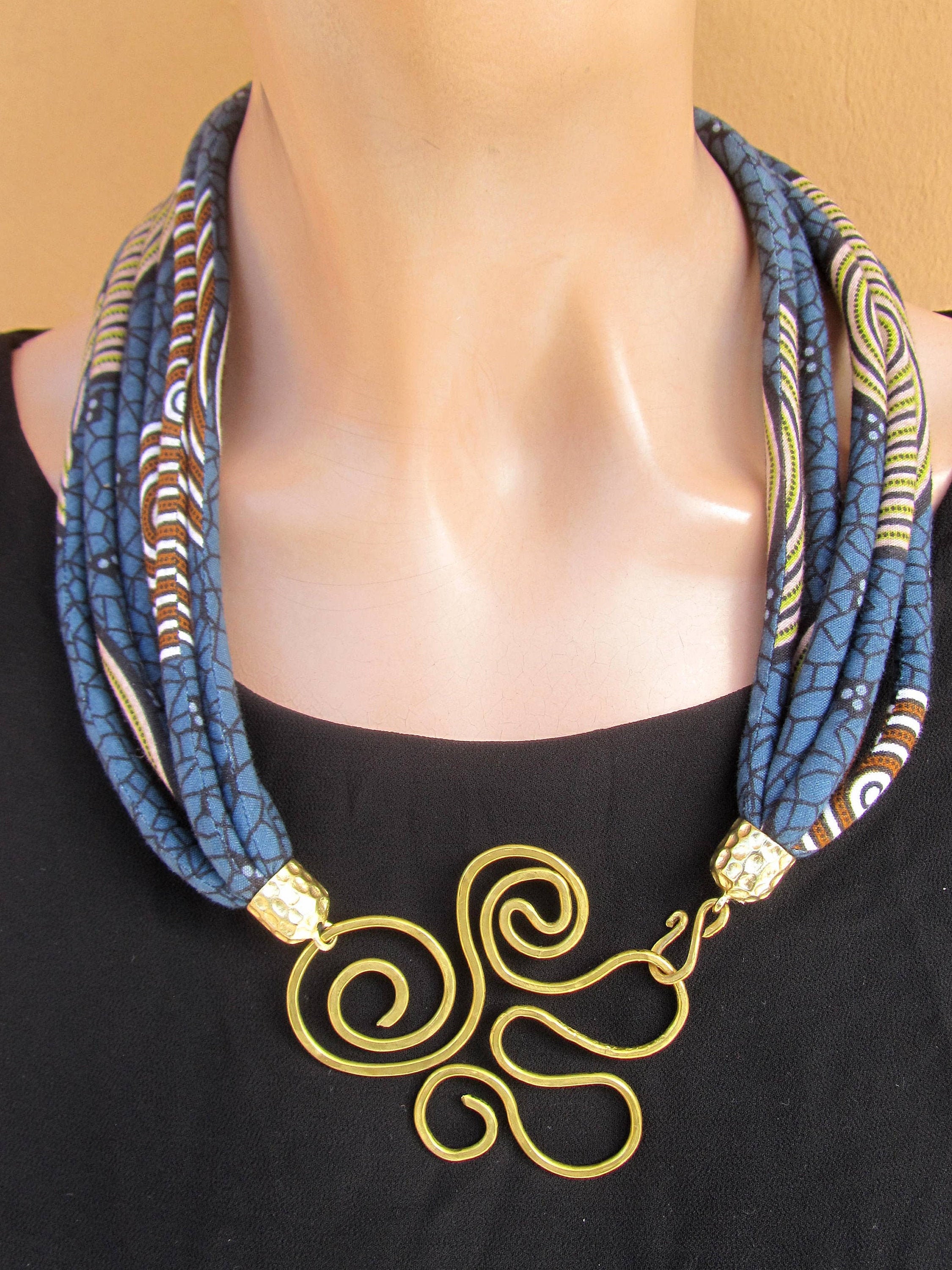 Hand made brass pendant necklace fabric necklace | Etsy