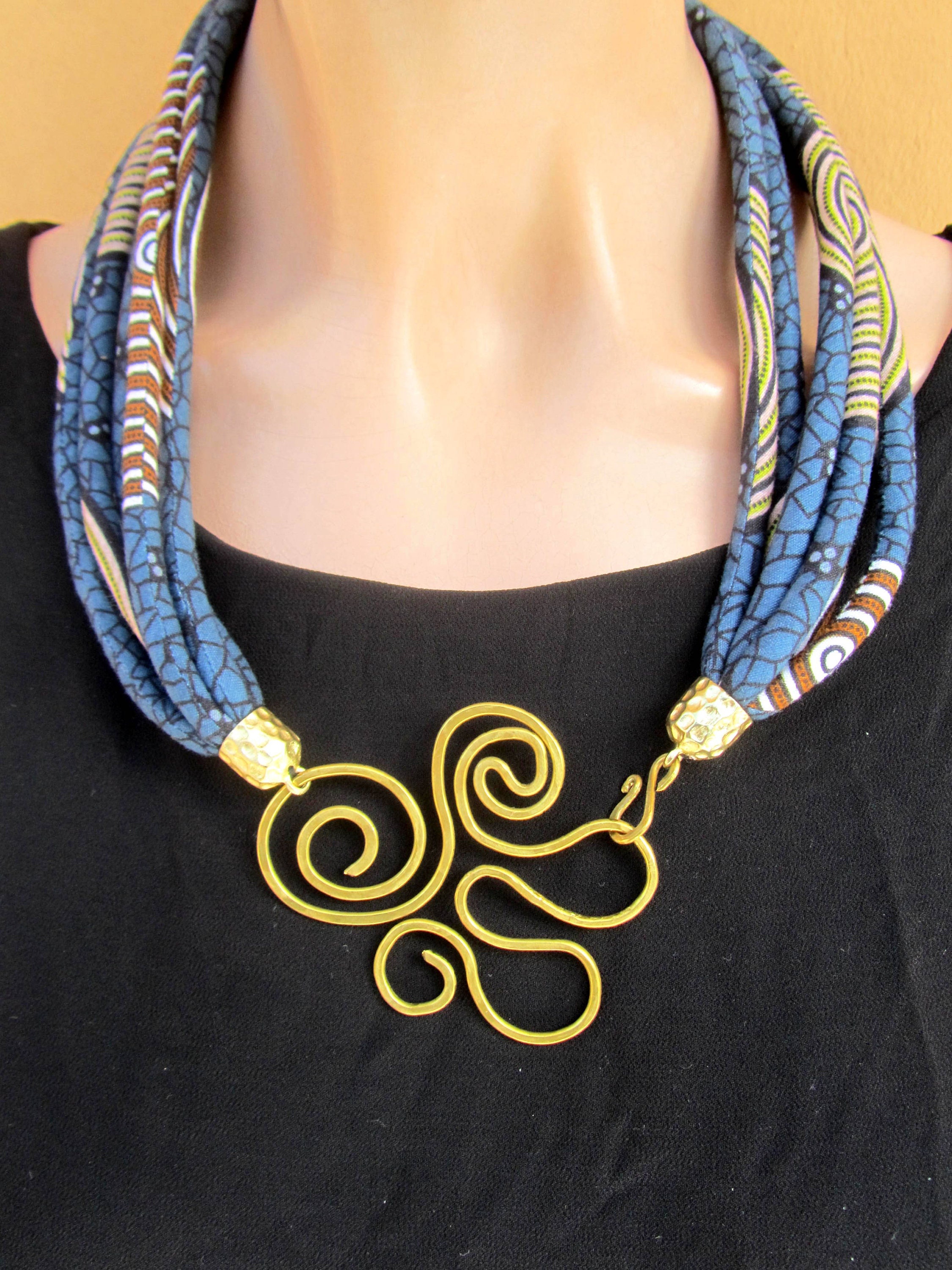 Hand made brass pendant necklace fabric necklace | Etsy