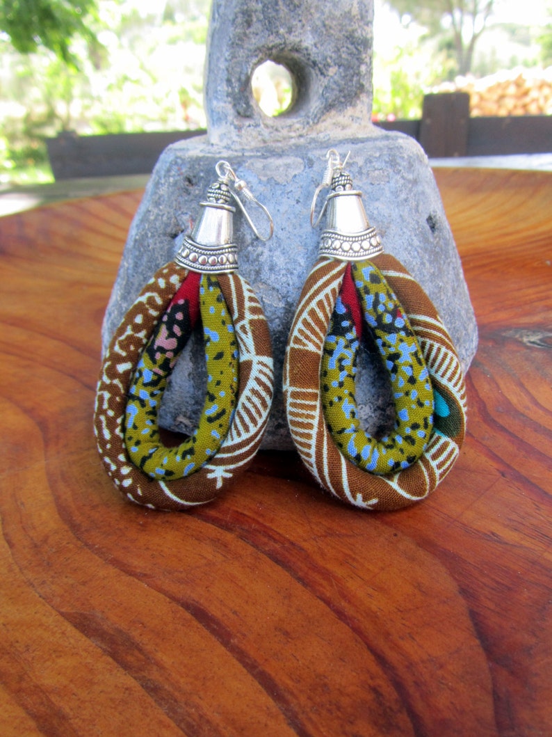 Ethnic Blue-brown set African print Oval Loop earrings and | Etsy