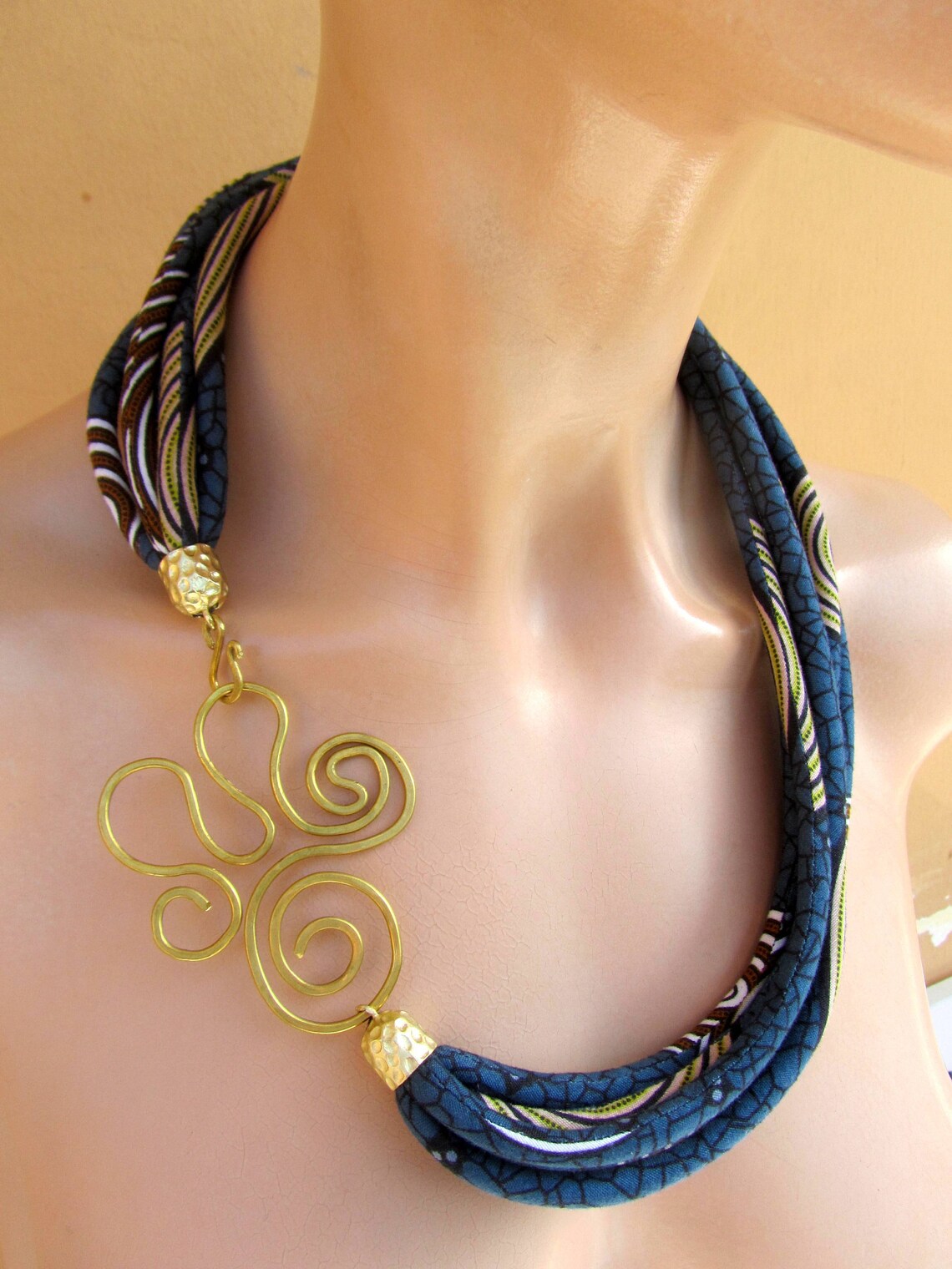 Hand made brass pendant necklace fabric necklace | Etsy