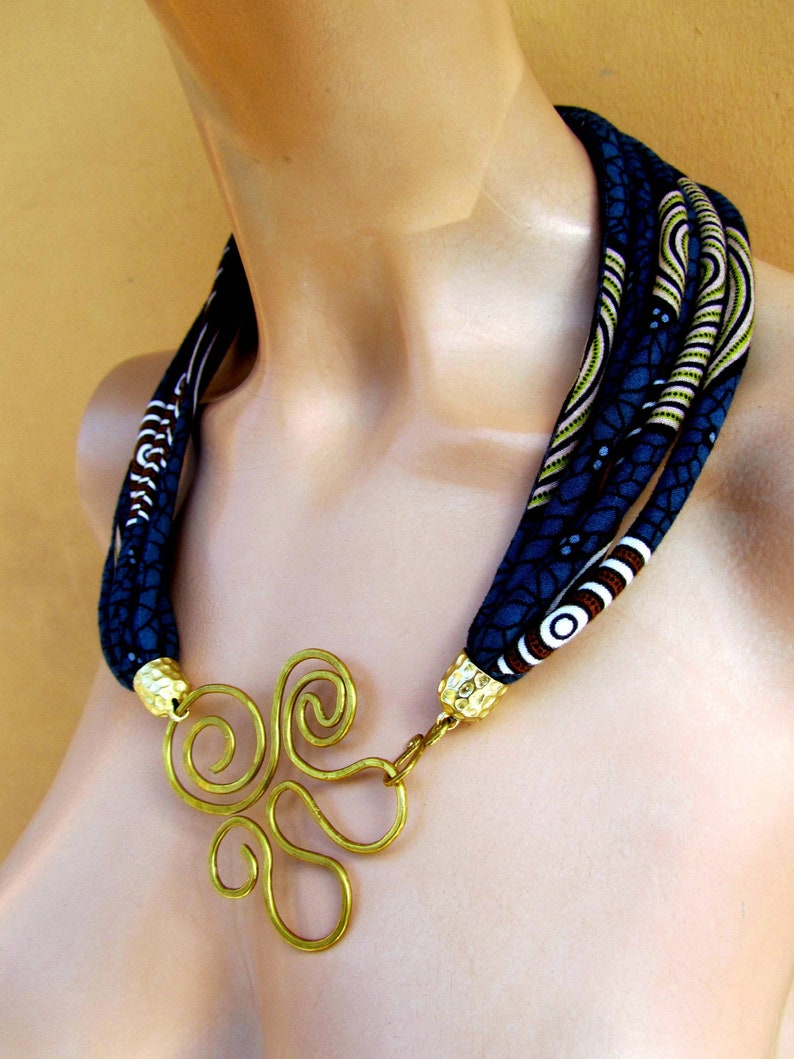 Hand made brass pendant necklace fabric necklace | Etsy