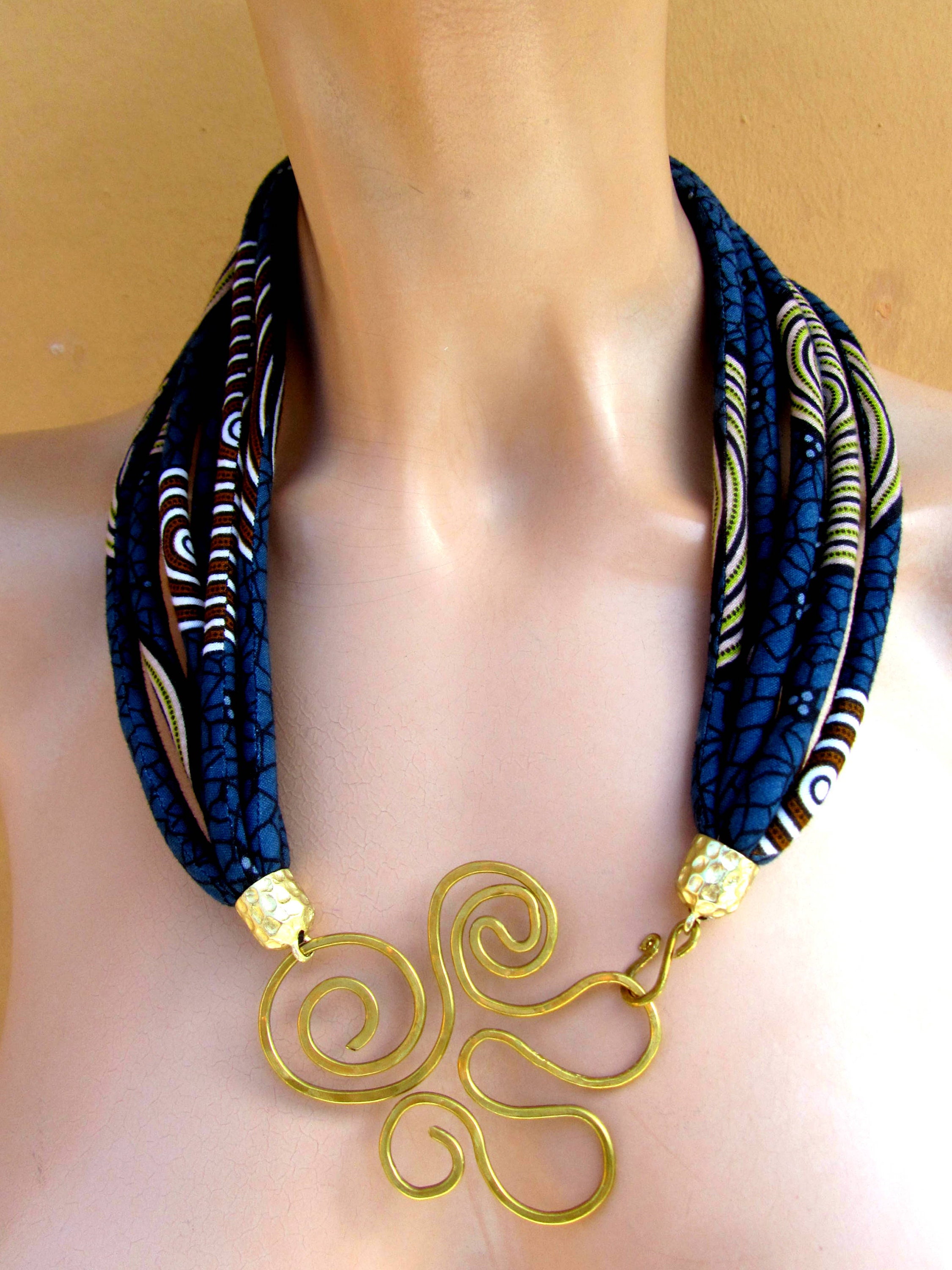 Hand made brass pendant necklace fabric necklace | Etsy