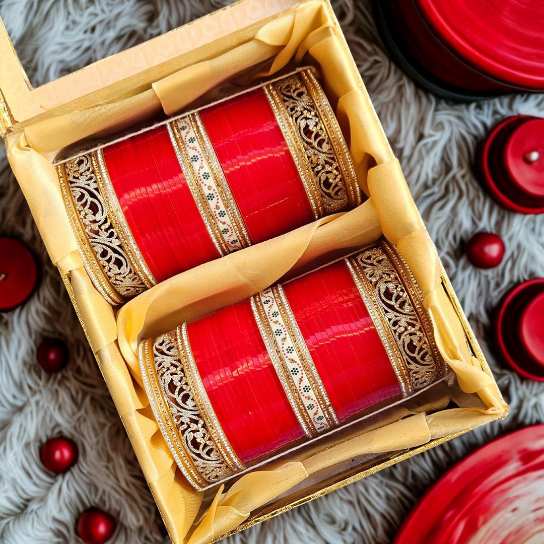 Red & Gold Punjabi Bridal Chura Set – Indian Wedding Bangles - Etsy