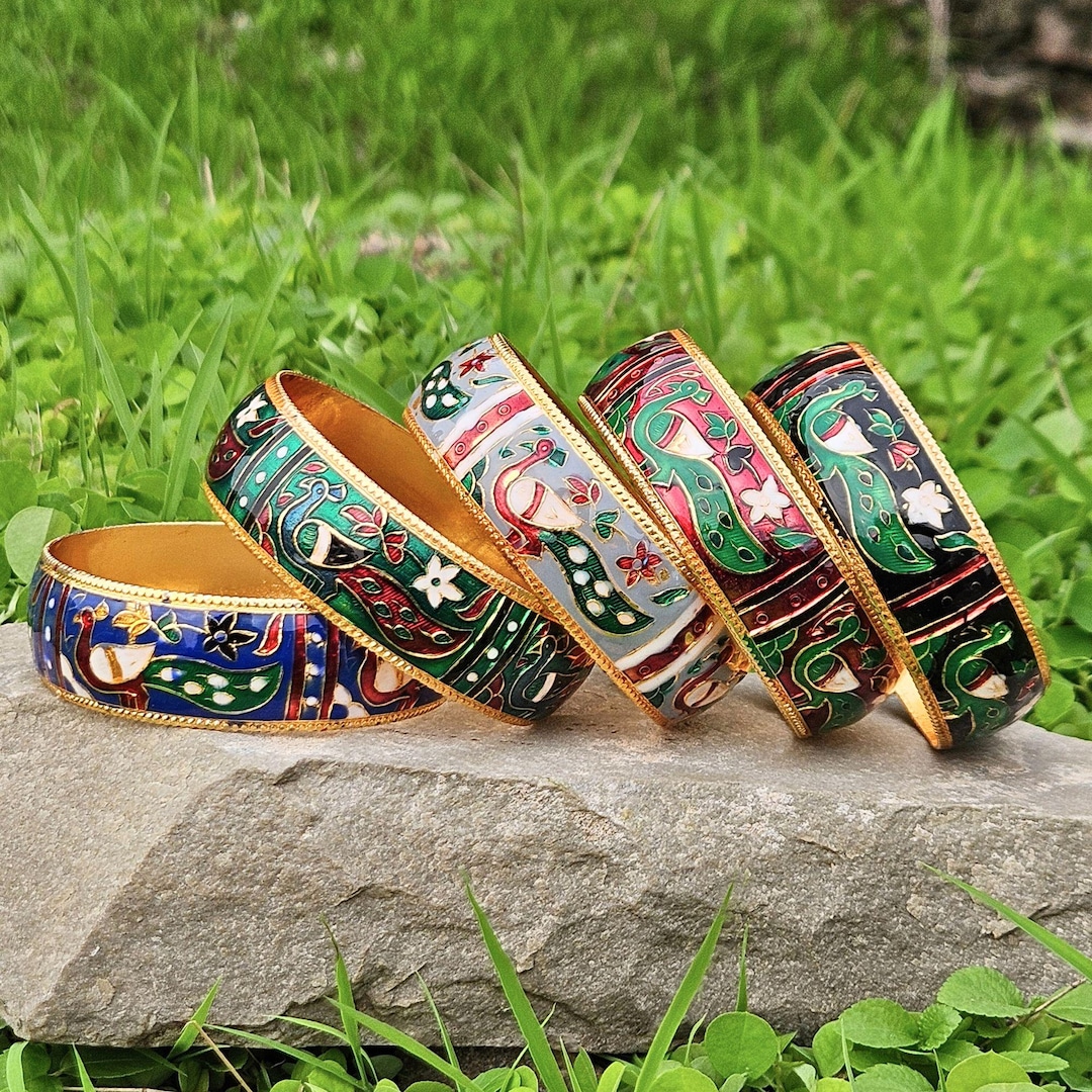 Hand Painted Meenakari Peacock Bangles Set - Traditional Enamel Brass ...