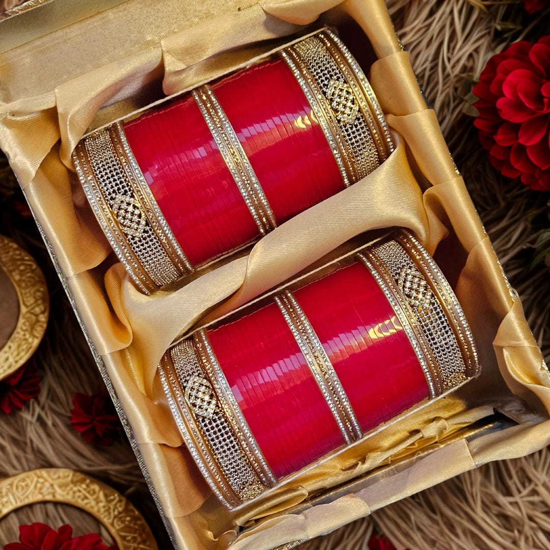 Punjabi Bridal Red Chura With Gold Mesh & Diamond Stone Work - Indian ...