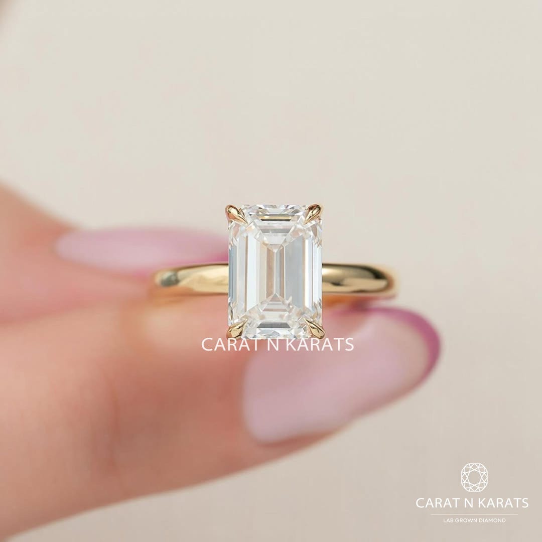 2.0ct Emerald Cut Lab Grown Diamond Hidden Halo Engagement Ring, EF-VS ...