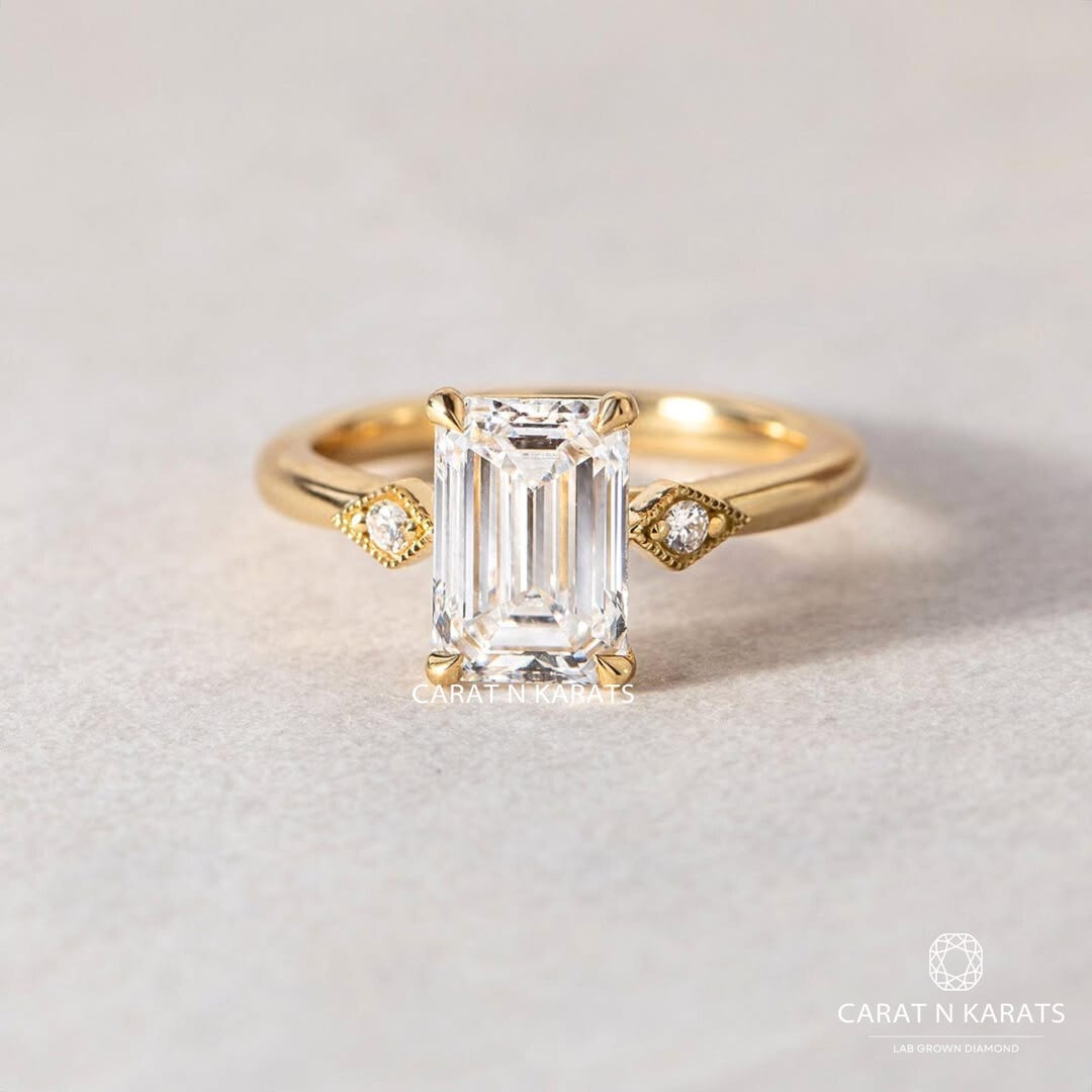 2.50ct Emerald Cut Lab Grown Diamond Engagement Ring, Three Stone ...