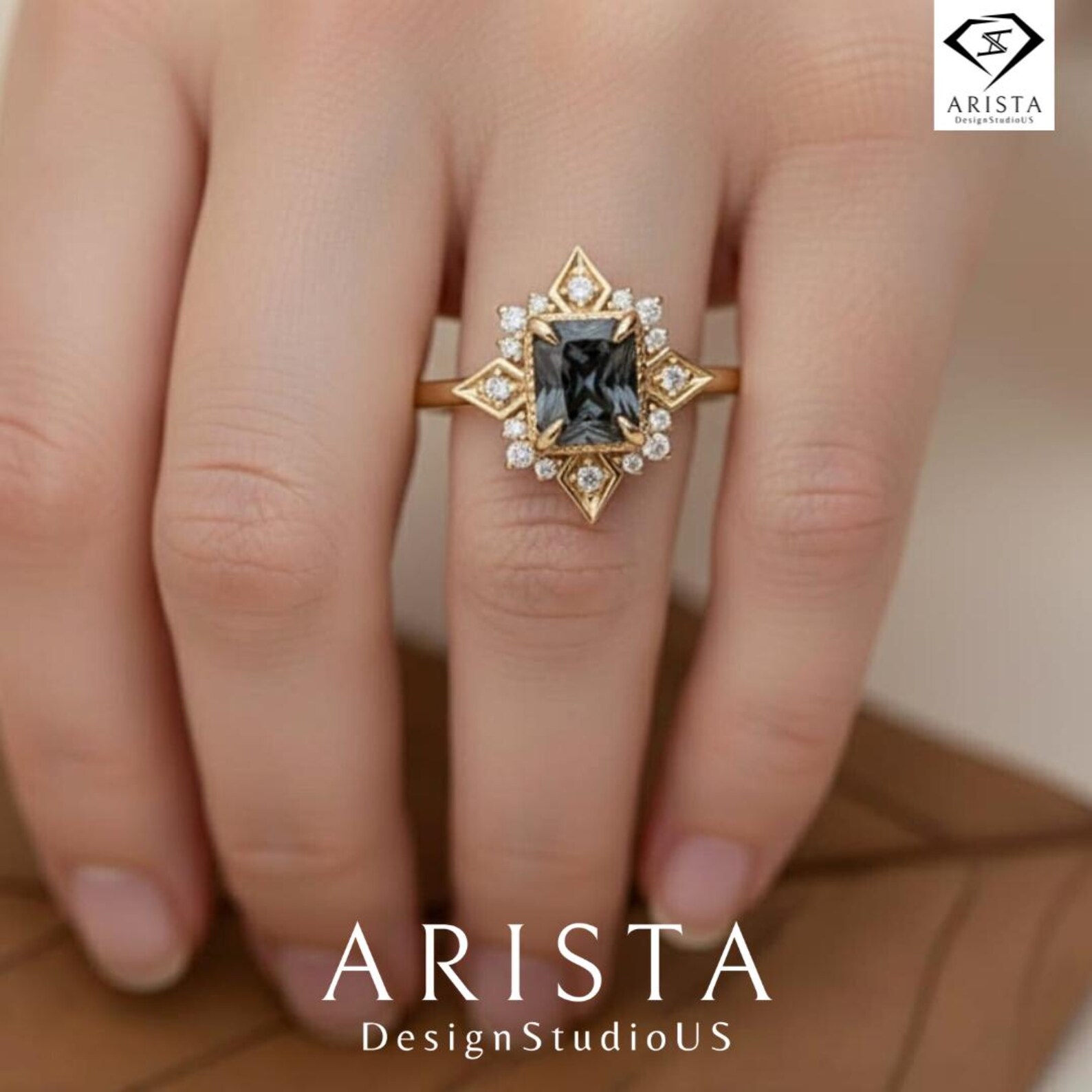 2 Carat Grey Radiant Cut Moissanite Engagement Ring, Vintage Gold ...