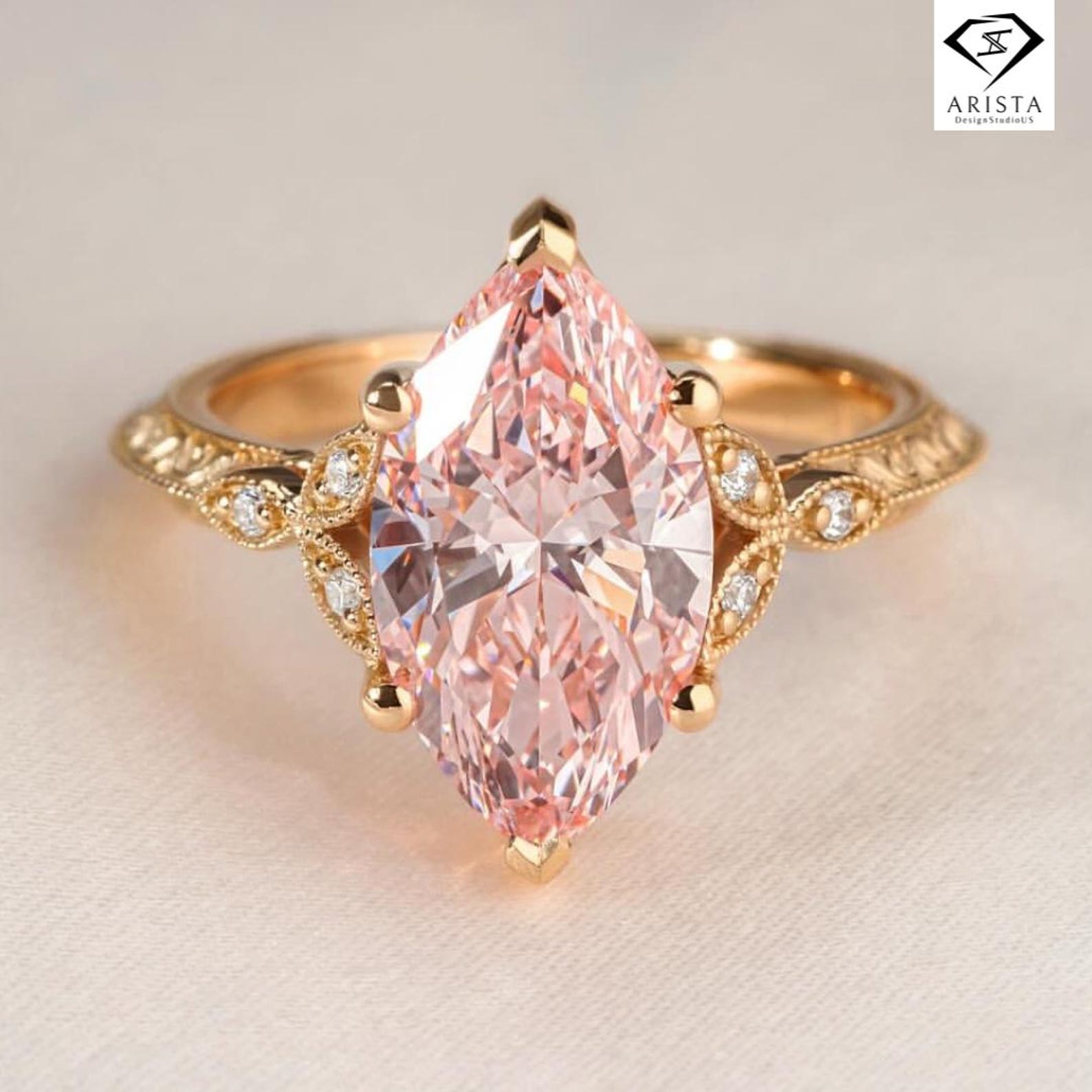 3 Carat Marquise Pink Lab Diamond Engagement Ring, Vintage Gold Ring ...