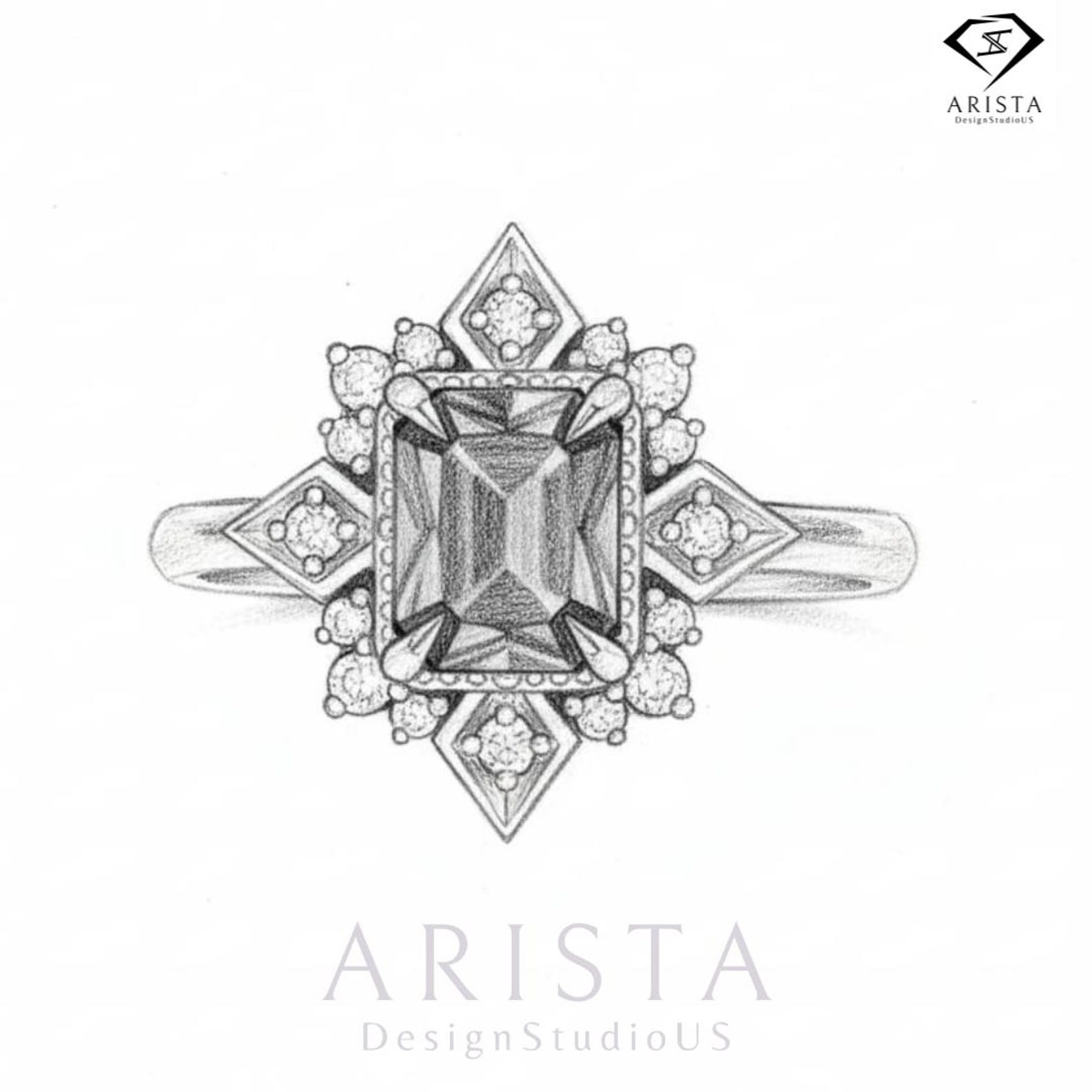 2 Carat Grey Radiant Cut Moissanite Engagement Ring, Vintage Gold ...