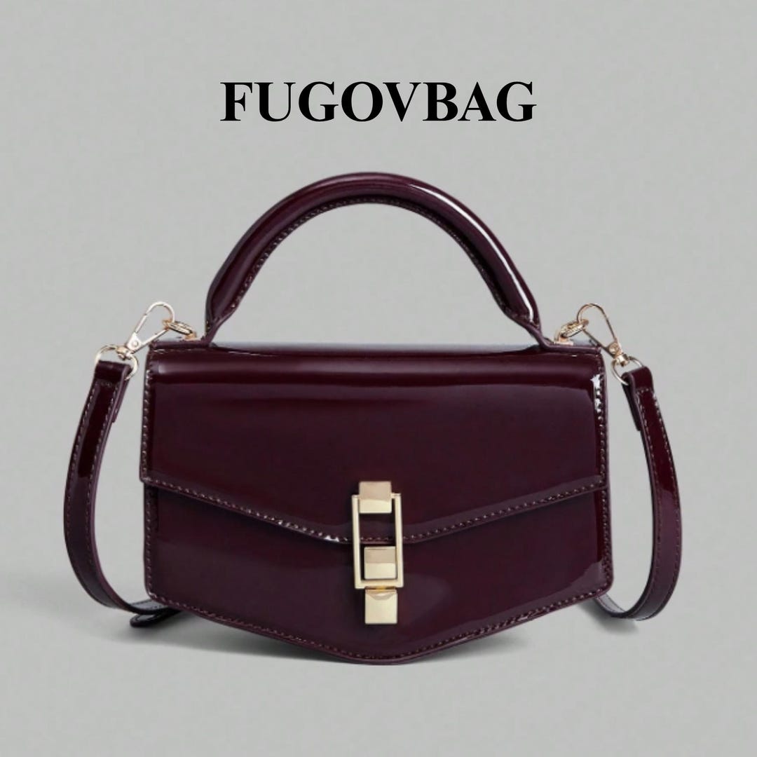 Burgundy Structured Top Handle Bag – Glossy Patent Leather Handbag for ...