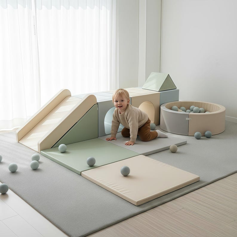 Modular Pastel Foam Play Set With Slide & Tunnel | Soft Mint Baby ...