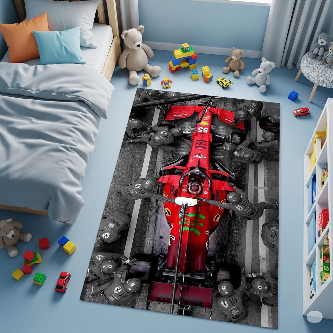 F1 Race Car Pit Stop Rug: Kids Room Decor, Washable & Anti-allergenic ...