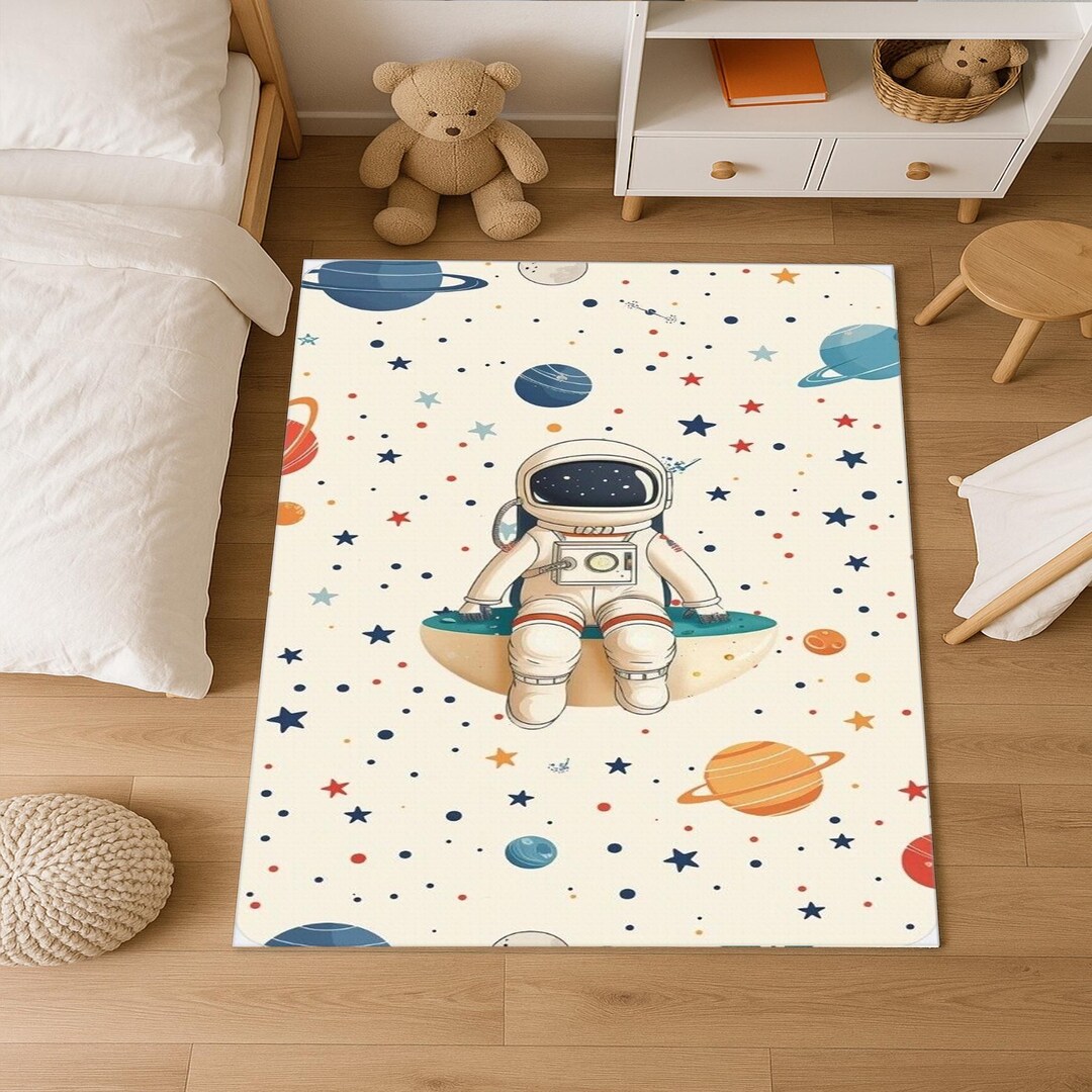 Kids Astronaut Space Rug | Nursery Planet Star Carpet | Washable ...