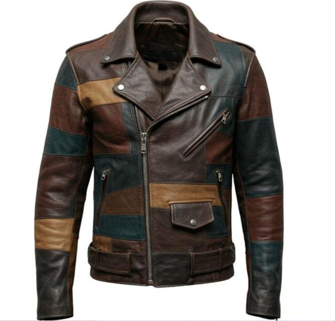 Men's Handmade Patchwork Leather Motorcycle Biker Jacket: Multi-color ...